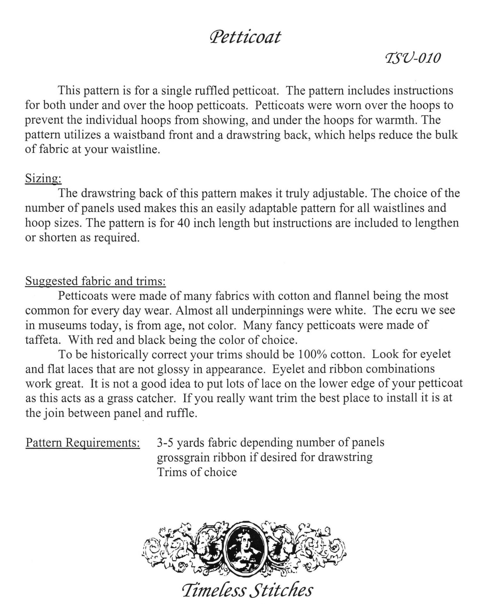 TSU-010 Petticoat Sewing Pattern, 19th Century Underpinning Pattern ...